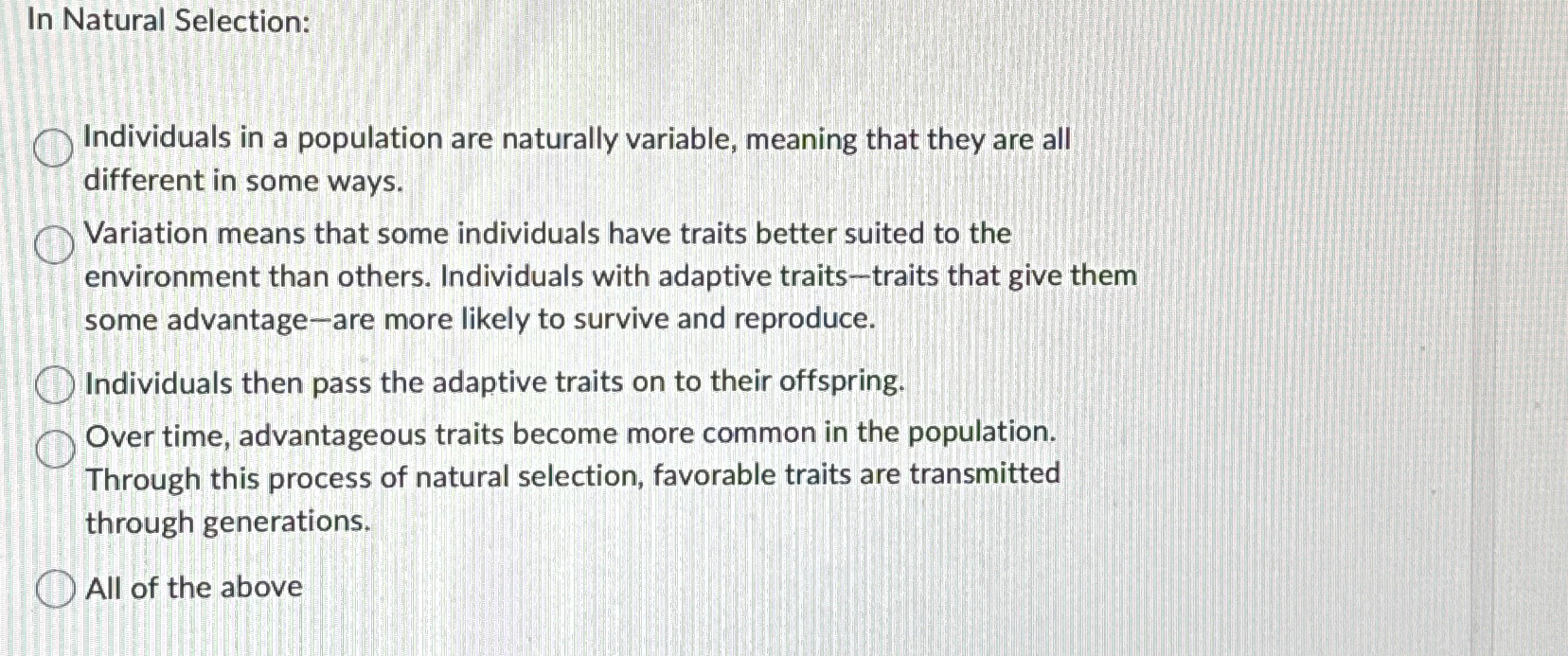 Solved In Natural Selection:Individuals in a population are | Chegg.com