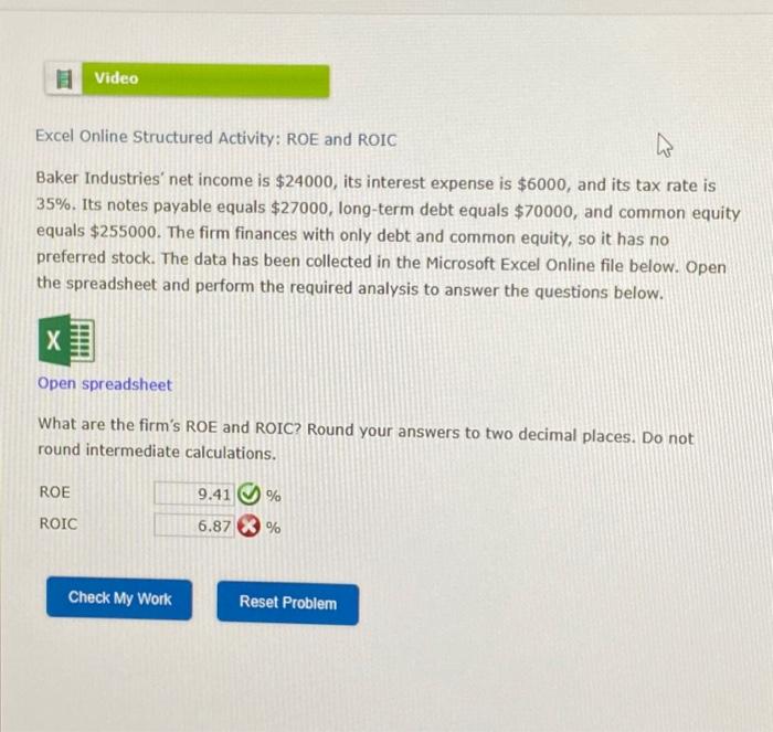 Solved Excel Online Structured Activity: ROE and ROIC Baker | Chegg.com