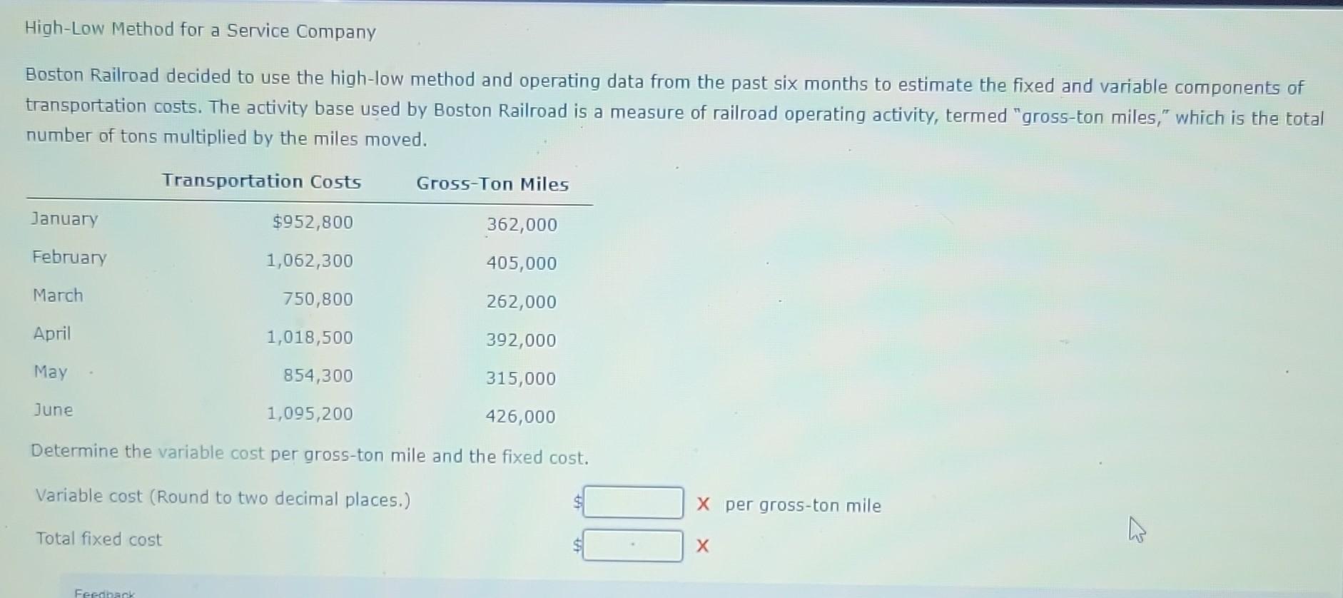 Solved High-Low Method for a Service Company Boston Railroad | Chegg.com