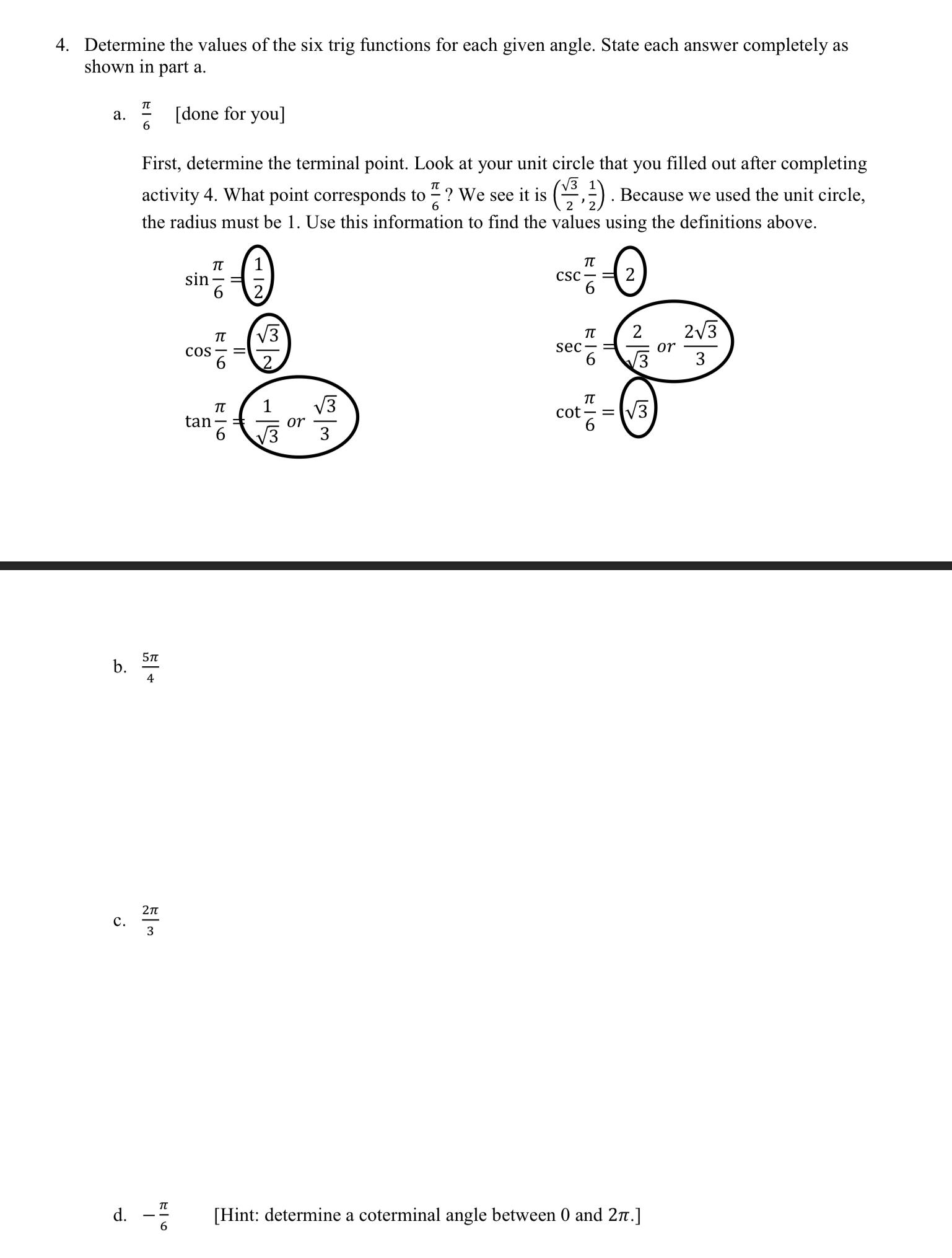 Solved Determine the values of the six trig functions for | Chegg.com