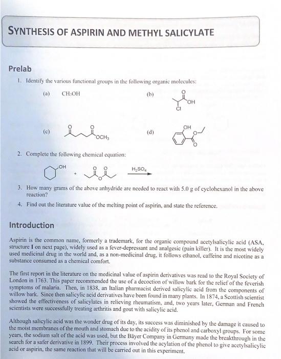 Solved SYNTHESIS OF ASPIRIN AND METHYL SALICYLATE Prelab 1. | Chegg.com