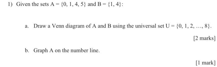 Solved 1) Given the sets A={0,1,4,5} and B={1,4} : a. Draw a | Chegg.com