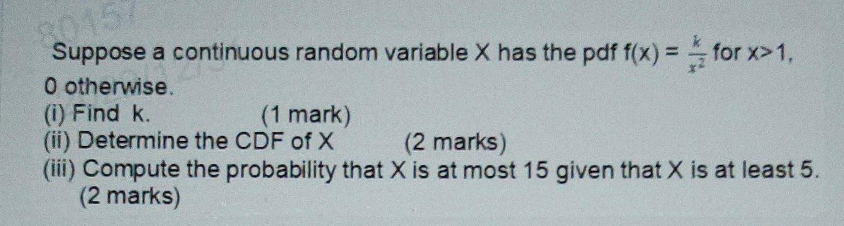 Solved Suppose a continuous random variable x has the pdf | Chegg.com