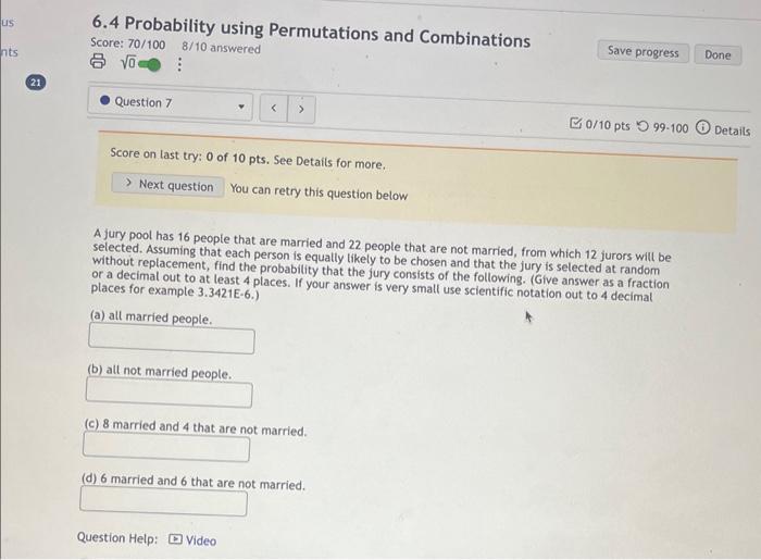 Solved 6.4 Probability using Permutations and Combinations | Chegg.com