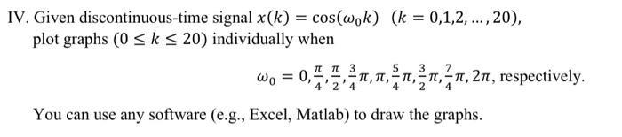 Solved IV. Given discontinuous-time signal x(k) = cos(wok) | Chegg.com