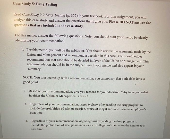 f Labor Contracts Case Study 9-2 Drug Testing The | Chegg.com