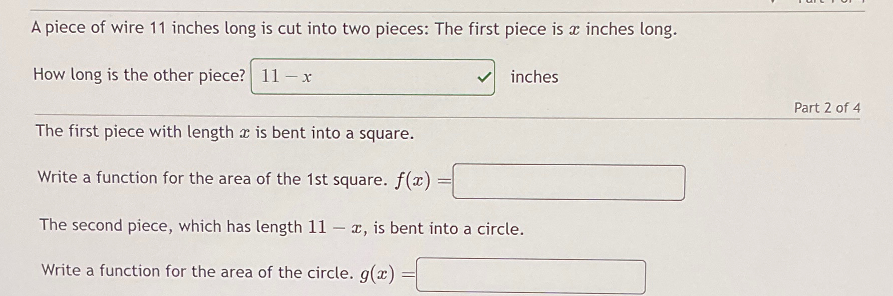 Solved A piece of wire 11 ﻿inches long is cut into two | Chegg.com