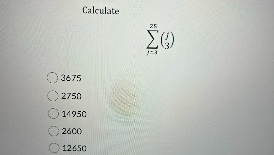 Solved Calculate∑j=325([j],[3])3675275014950260012650 | Chegg.com