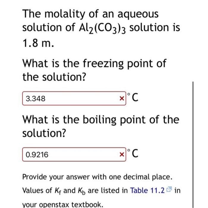 Solved The molality of an aqueous solution of Al2(CO3)3 | Chegg.com
