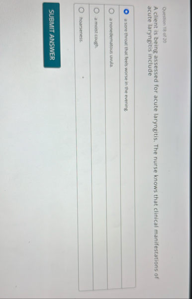 Solved Question 18 ﻿of 20A client is being assessed for | Chegg.com