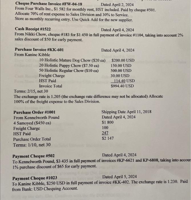 Solved Cheque Purchase Invoice \#FW-04-18 Dated April 2, | Chegg.com