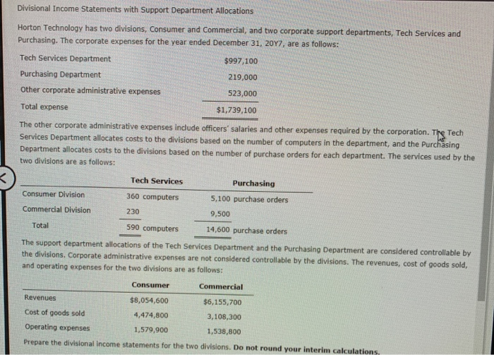 Solved Divisional Income Statements with Support Department | Chegg.com