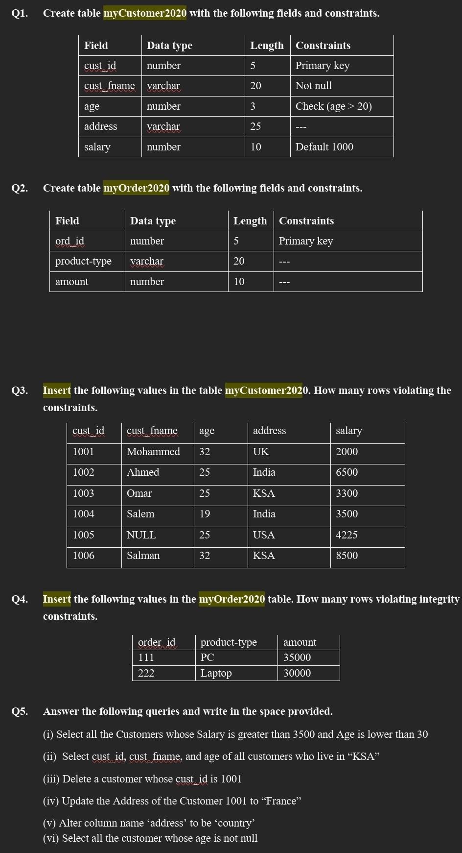 Solved Q1. Create table myCustomer2020 with the following | Chegg.com
