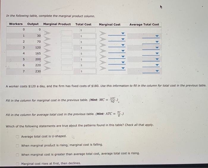 Solved In the following table, complete the marginal product | Chegg.com