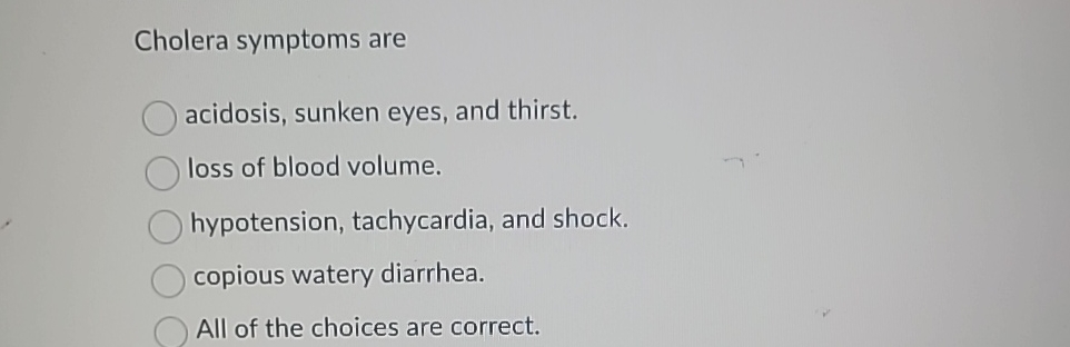 Cholera symptoms areacidosis, sunken eyes, and | Chegg.com