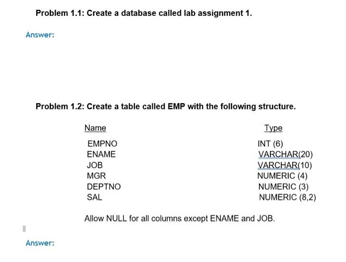 Solved Problem 1.1: Create a database called lab assignment | Chegg.com