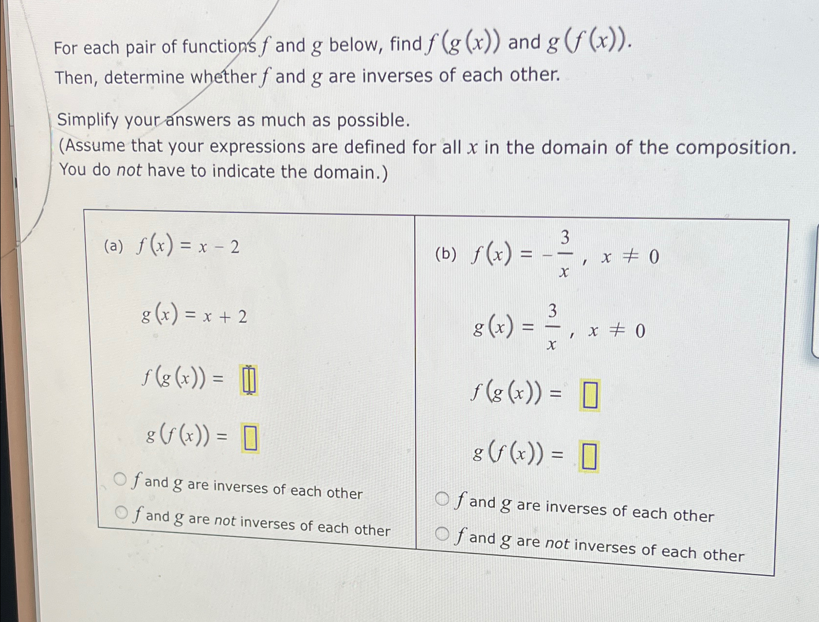 Solved For each pair of functions f ﻿and g ﻿below, find | Chegg.com
