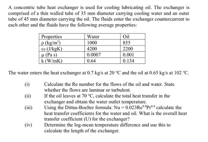 Solved A concentric tube heat exchanger is used for cooling | Chegg.com