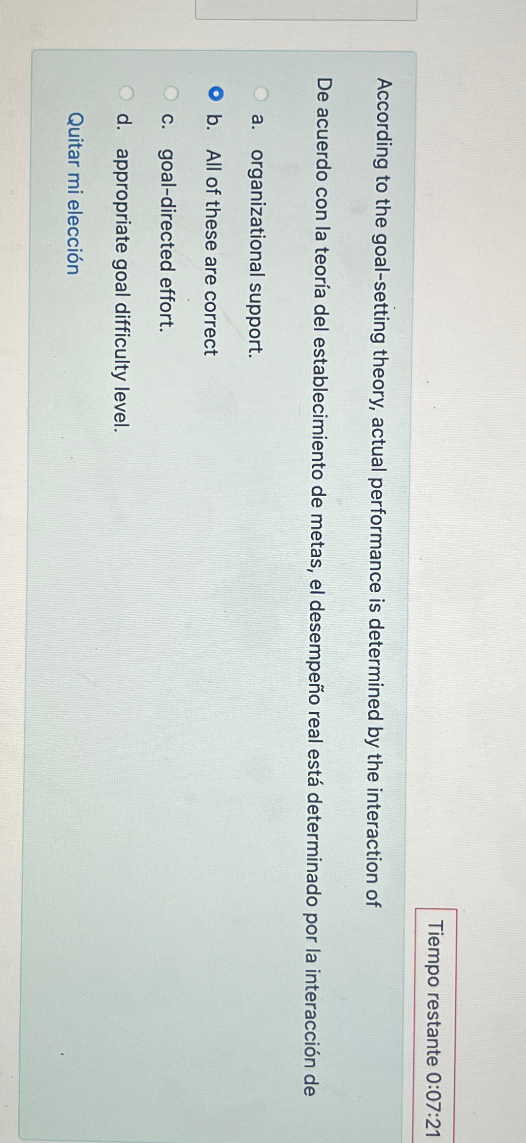 Solved Tiempo restante 0:07:21According to the goal-setting | Chegg.com