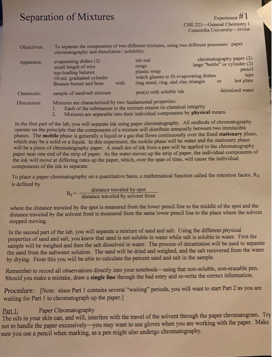 Solved Separation of Mixtures Experiment #1 CHE 221-General | Chegg.com