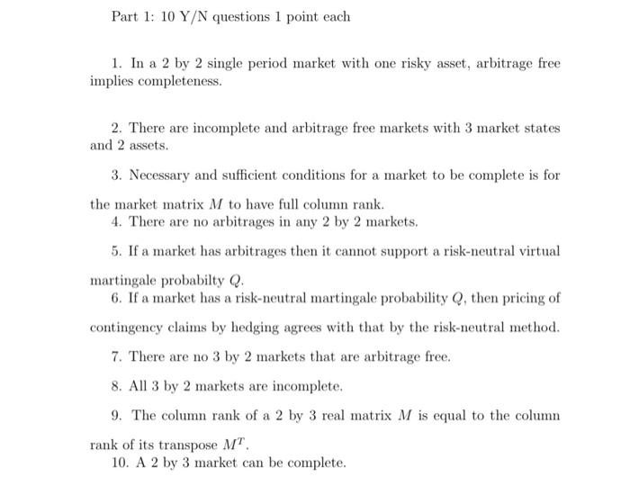 Part 1: 10Y/N questions 1 point each 1. In a 2 by 2 | Chegg.com