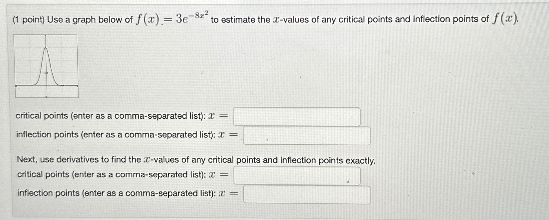 Solved (1 ﻿point) ﻿Use a graph below of f(x)=3e-8x2 ﻿to | Chegg.com