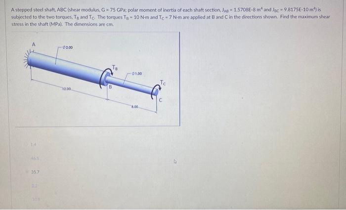 Solved A stepped steel shaft, ABC (shear modulus, G = 75 | Chegg.com