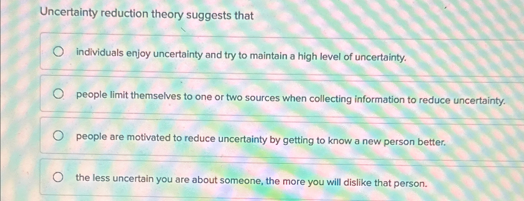 Solved Uncertainty reduction theory suggests thatindividuals | Chegg.com