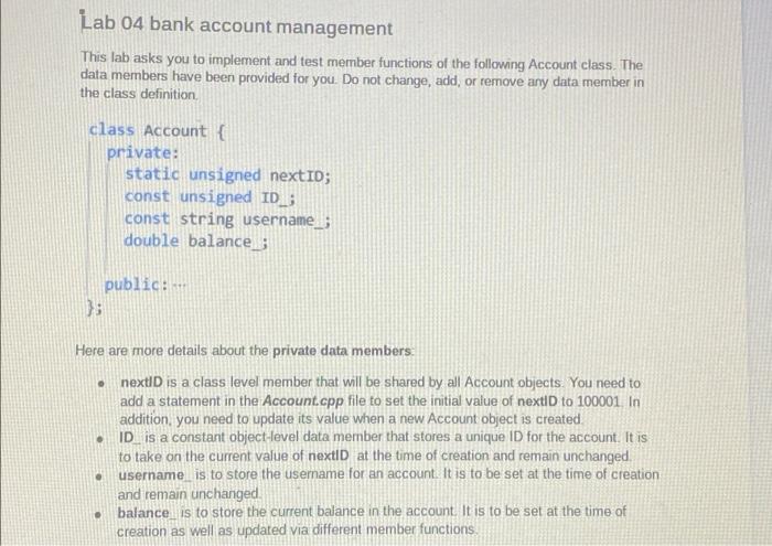 Lab 04 bank account management This lab asks you to | Chegg.com