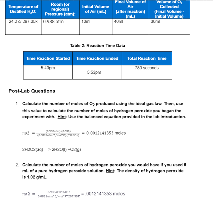 Solved Table 2: Reaction Time DataPost-Lab | Chegg.com
