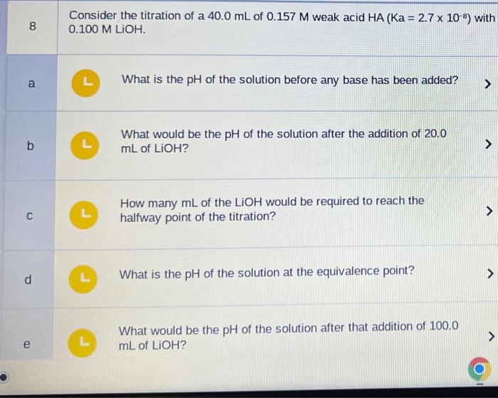 Solved Consider the titration of a 40.0 mL of 0.157M weak | Chegg.com