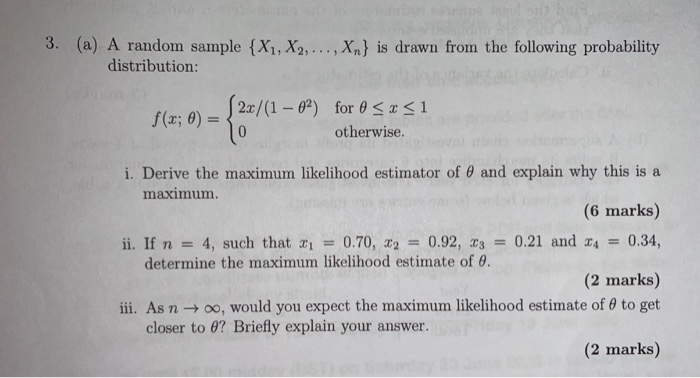 Solved 3. (a) A random sample {X1, X2, ..., Xn} is drawn | Chegg.com