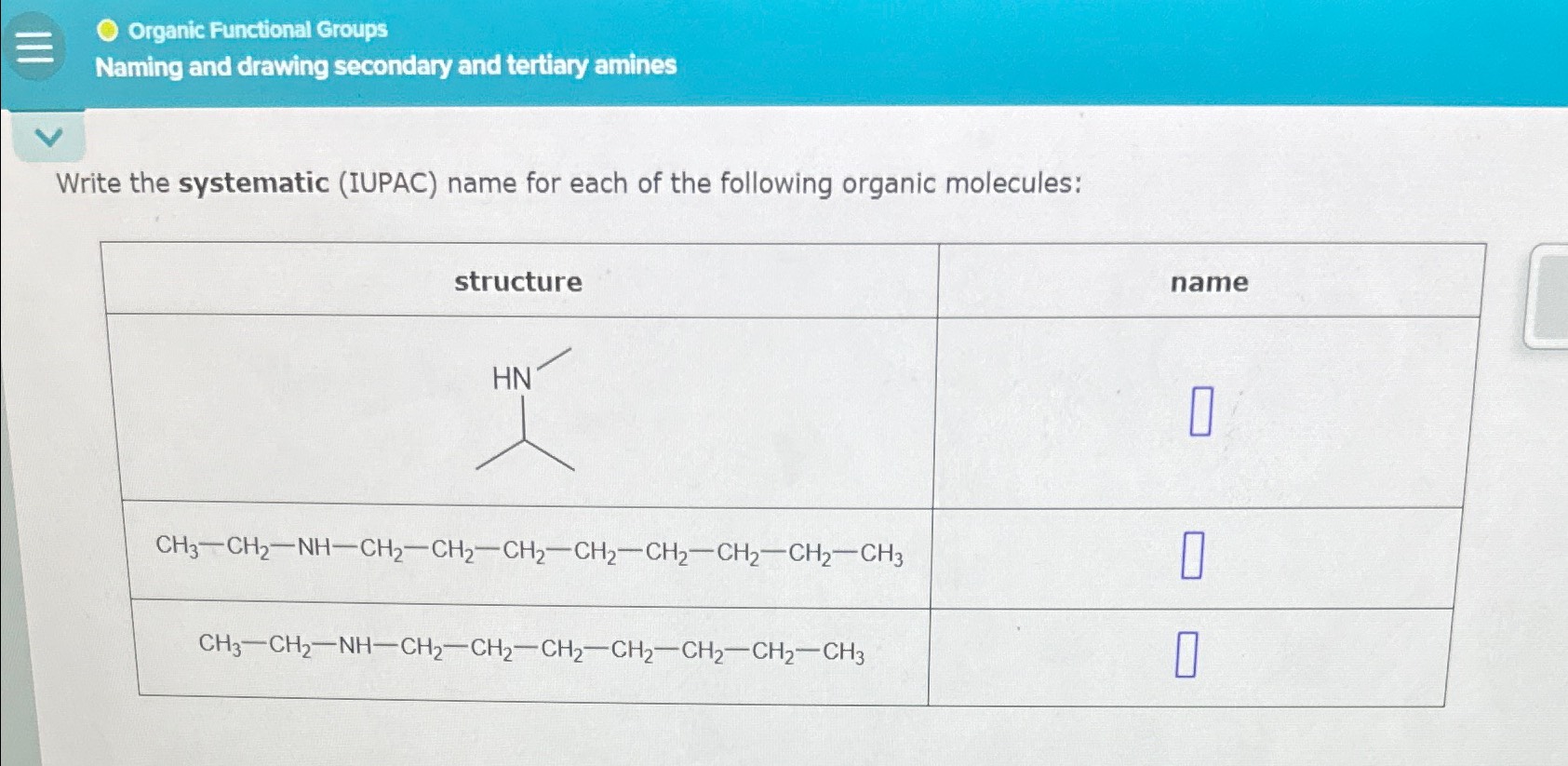 Solved Organic Functional GroupsNaming and drawing secondary | Chegg.com