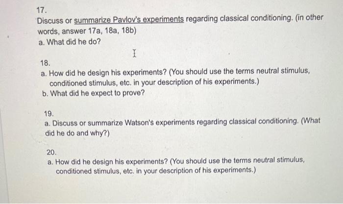 Solved 17. Discuss or summarize Pavlov's experiments | Chegg.com