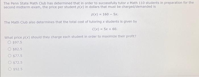 Solved The Penn State Math Club has determined that in order | Chegg.com