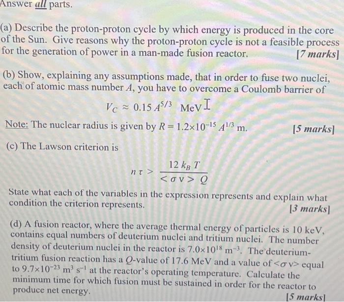 Solved (a) Describe the proton-proton cycle by which energy | Chegg.com