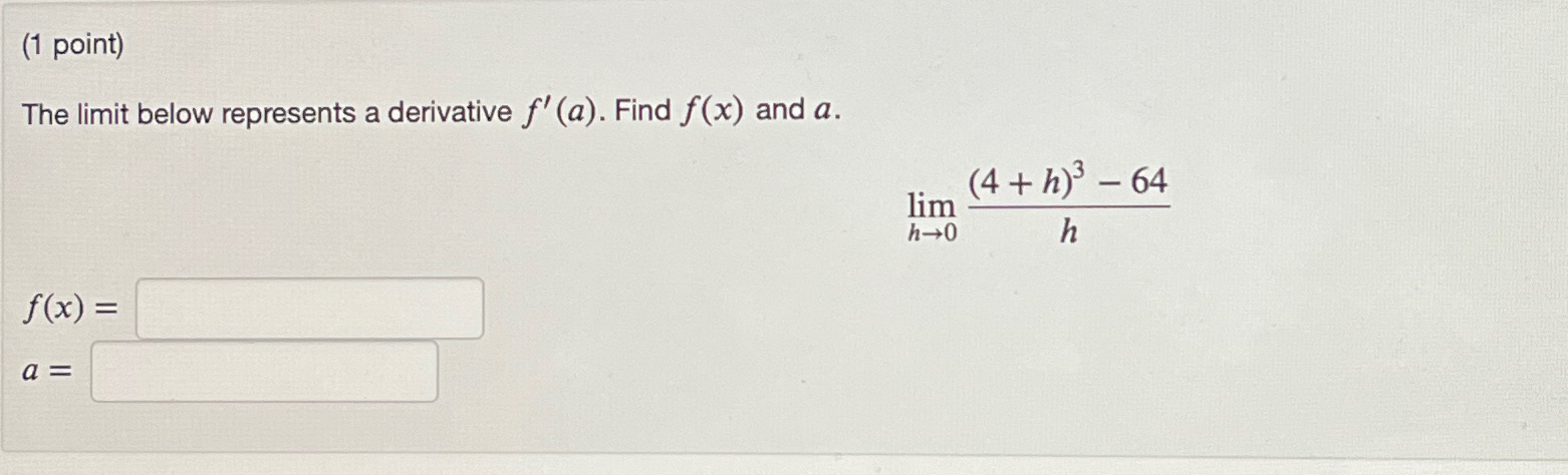 Solved (1 ﻿point)The limit below represents a derivative | Chegg.com