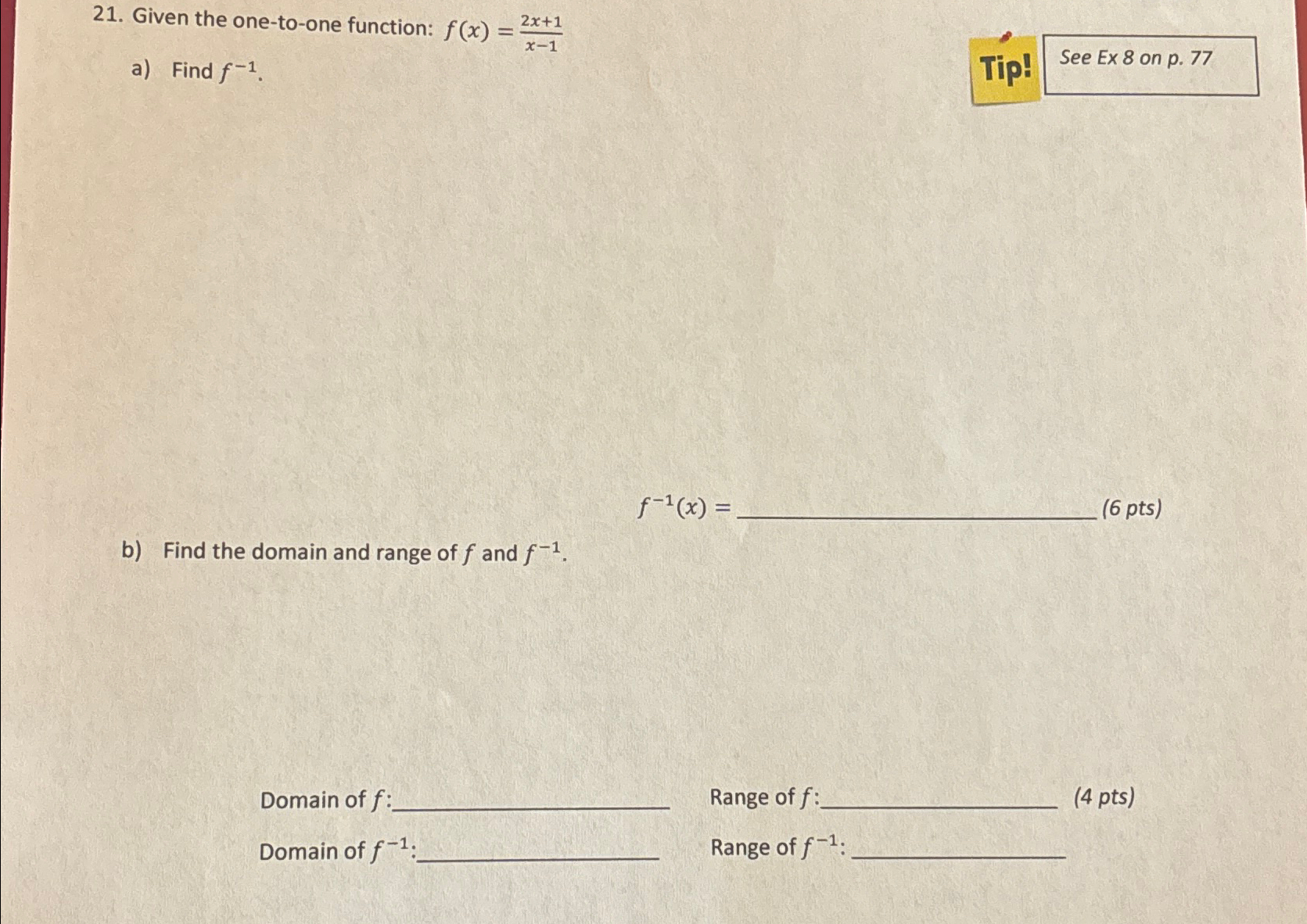 Solved Given the one-to-one function: f(x)=2x+1x-1a) ﻿Find | Chegg.com