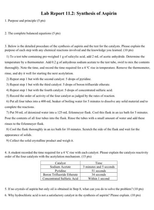 Lab Report 11.2: Synthesis of Aspirin 1. Purpose and | Chegg.com
