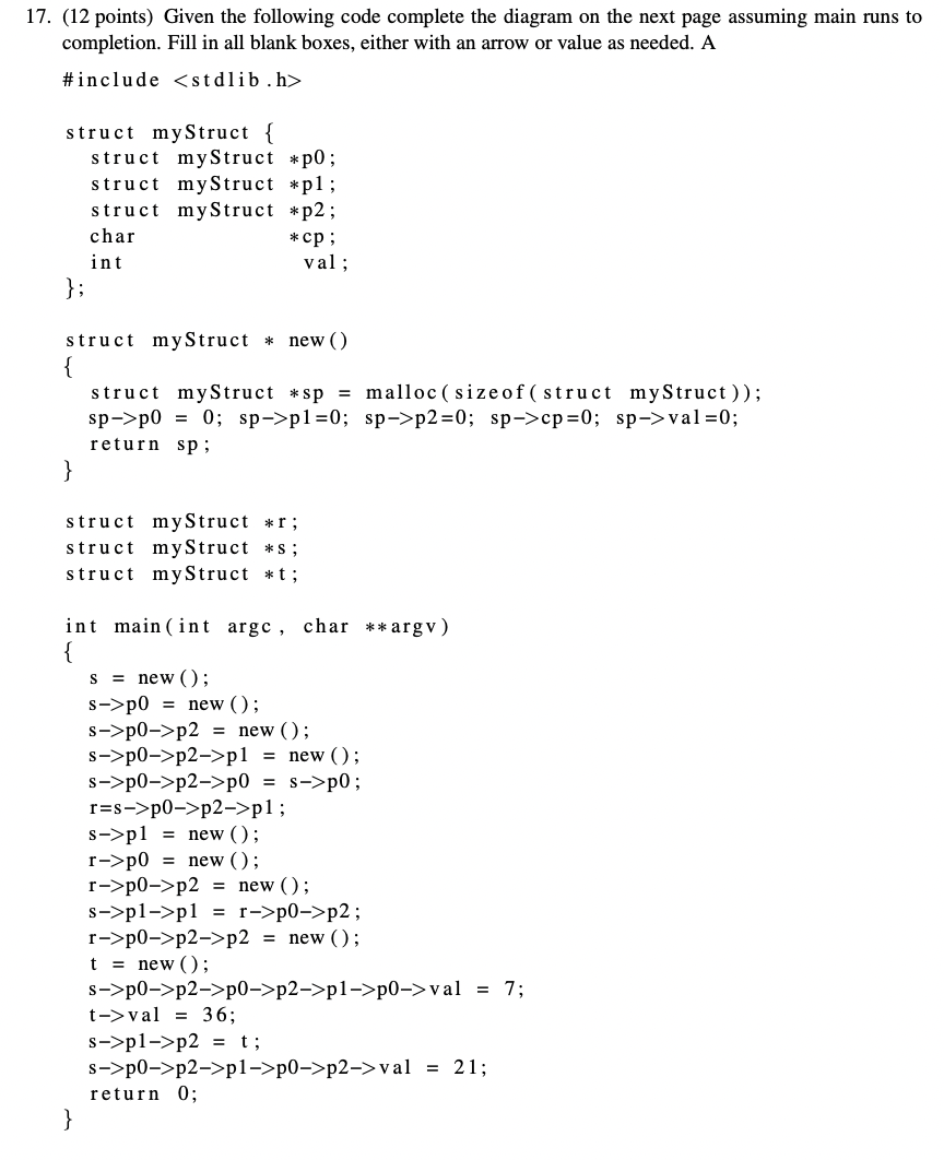 Solved Given the following code complete the diagram on the | Chegg.com