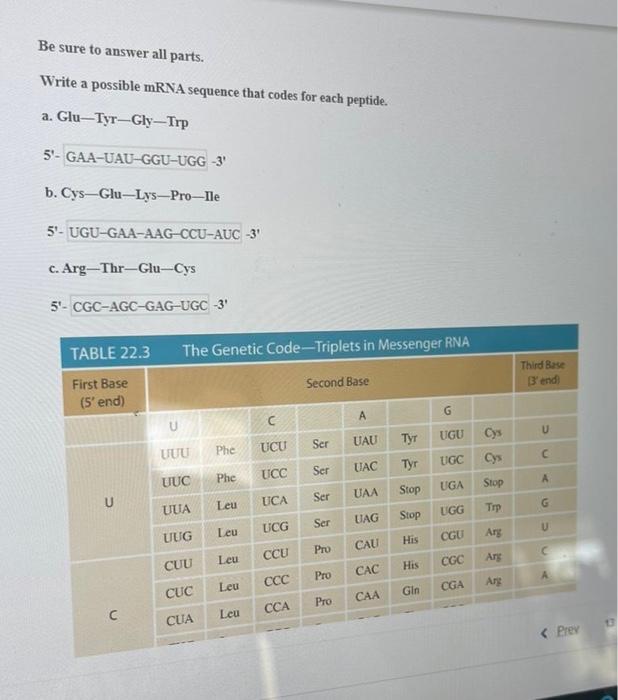 Solved Be sure to answer all parts. Write a possible mRNA | Chegg.com
