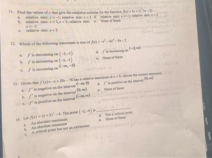 Solved 11. Find the values of x that give the relalitive | Chegg.com