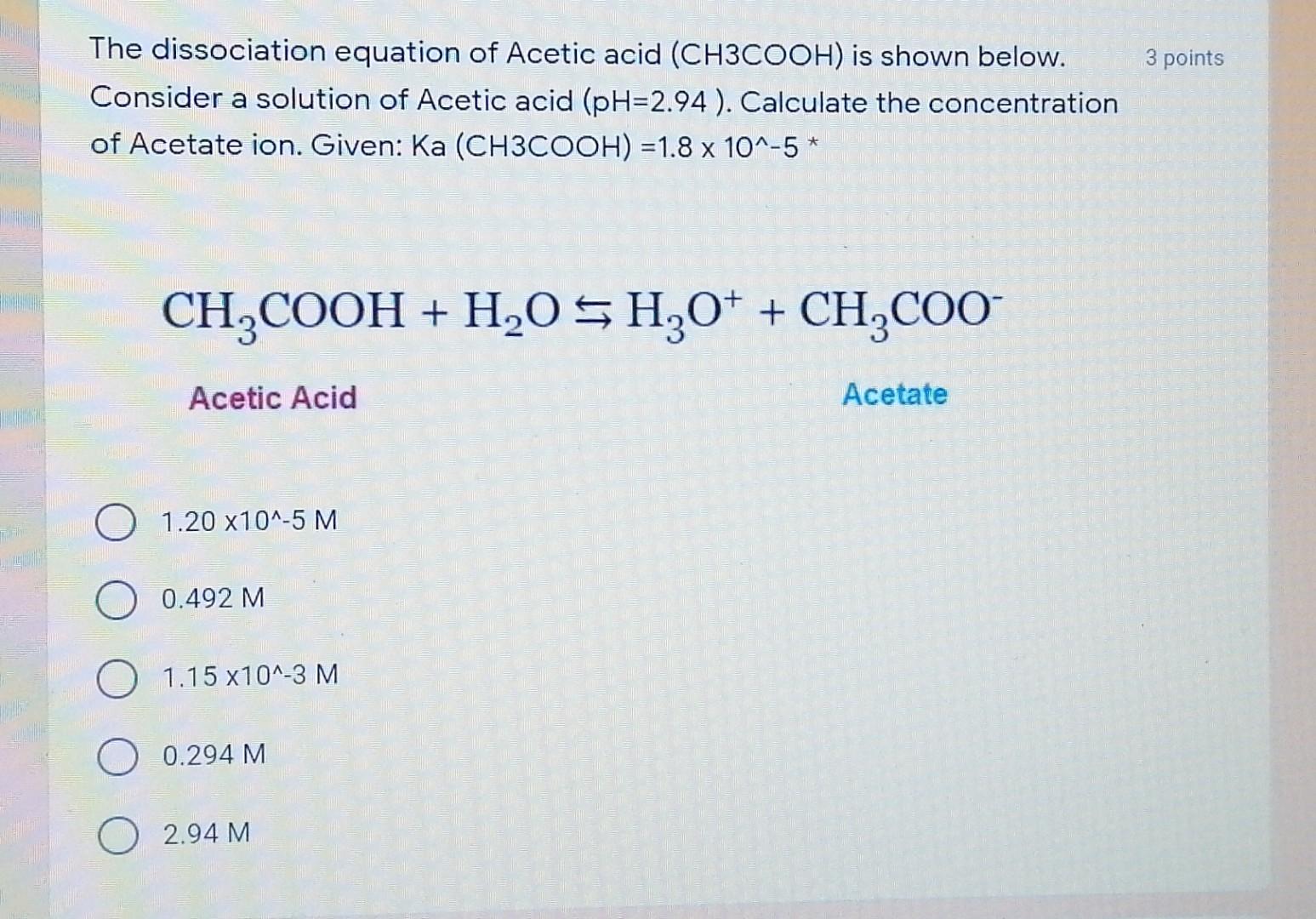 Solved 3 points The dissociation equation of Acetic acid | Chegg.com