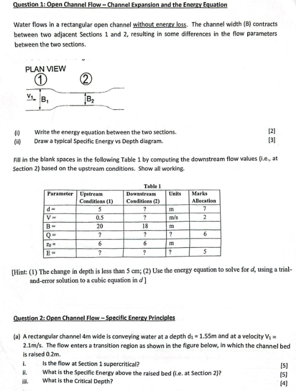 Solved Question 1: Open Channel Flow - ﻿Channel Expansion | Chegg.com