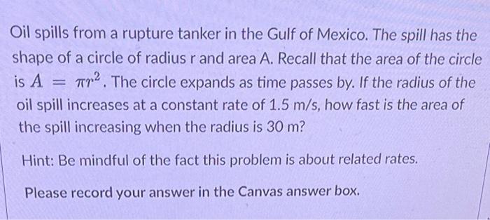 Solved Oil spills from a rupture tanker in the Gulf of | Chegg.com