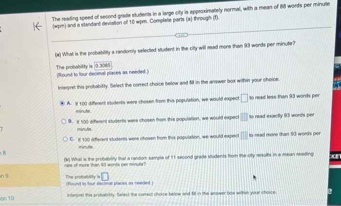 Solved The reading speed of second grade students in a large | Chegg.com