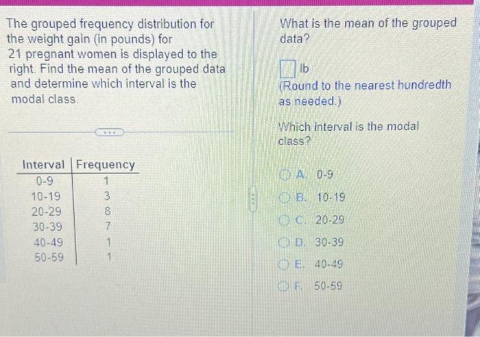 Solved The grouped frequency distribution for the weight | Chegg.com