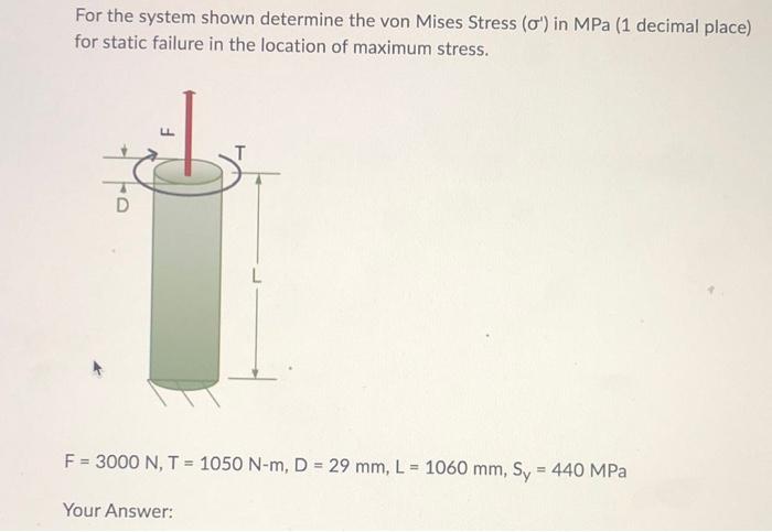 Solved For the system shown determine the von Mises Stress | Chegg.com