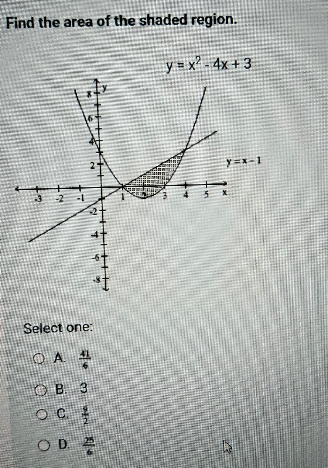 Solved Find the area of the shaded region.y=x2-4x+3Select | Chegg.com