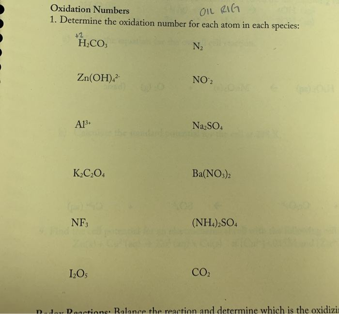 Solved Oxidation Numbers 1. Determine the oxidation number | Chegg.com